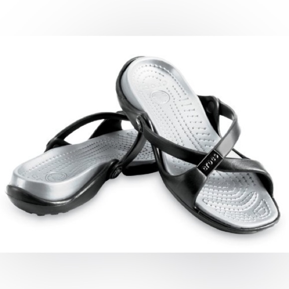Crocs Adara Black And Silver Strappy Slide Sandals - Gem